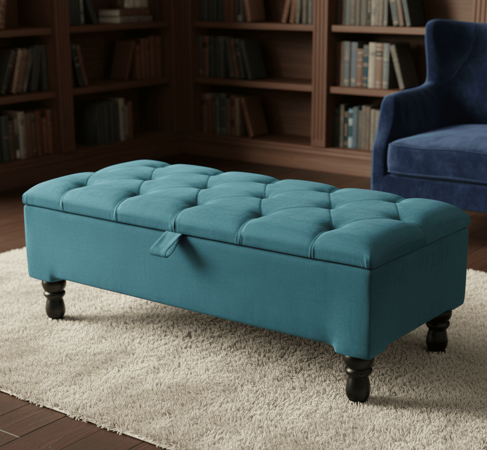 Aqua Velvet Ottoman Storage Bench – Coffee Table & Seat – ISTOOLS