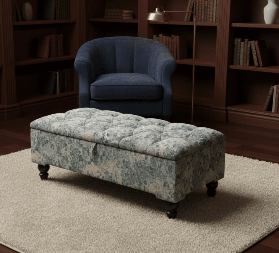 Premium White & Blue Floral Cotton Ottoman Bench | Soft Upholstered ...